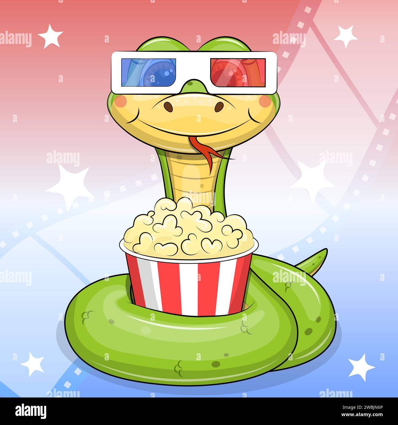 Cute cartoon green snake with 3d cinema glasses and popcorn. Vector ...
