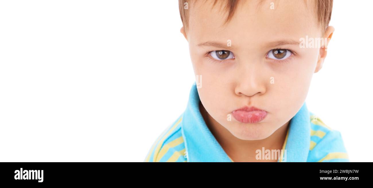 Boy child, sad and studio portrait with mockup space for mental health promotion by white ...