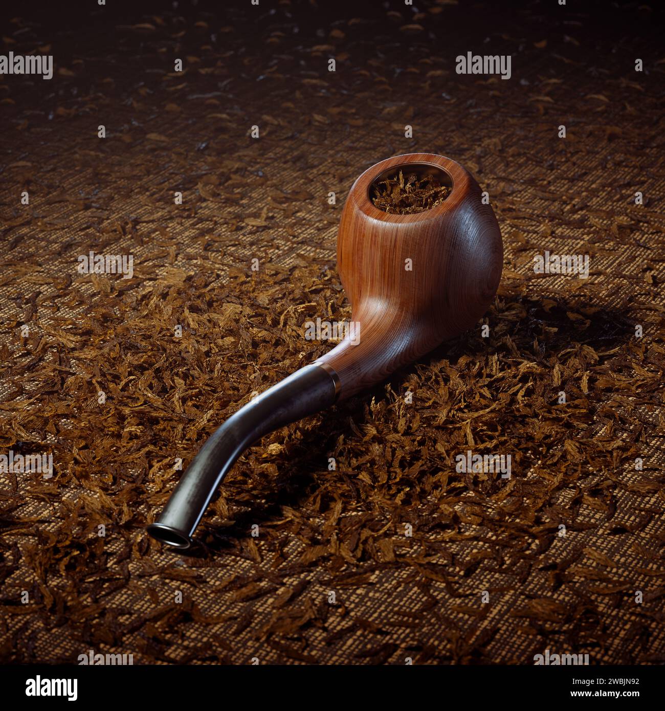 A handcrafted wooden smoking pipe filled with aromatic tobacco ...