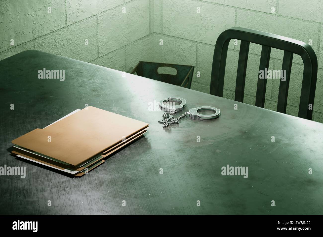 A bleak interrogation room featuring a solid metal table, steel ...