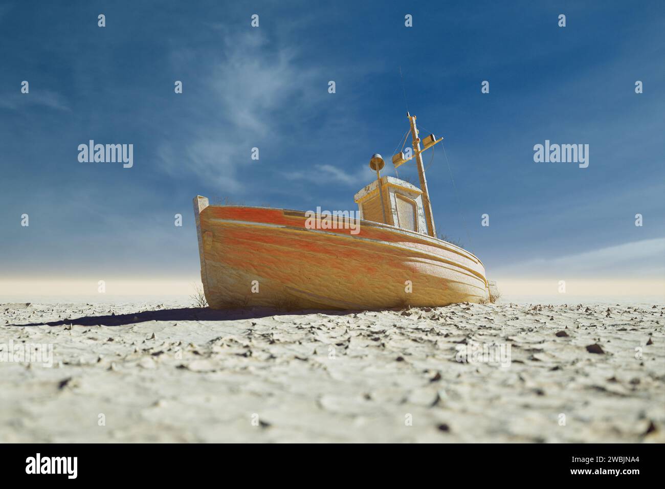 Captivating scene depicting a bright orange boat marooned on a vast ...