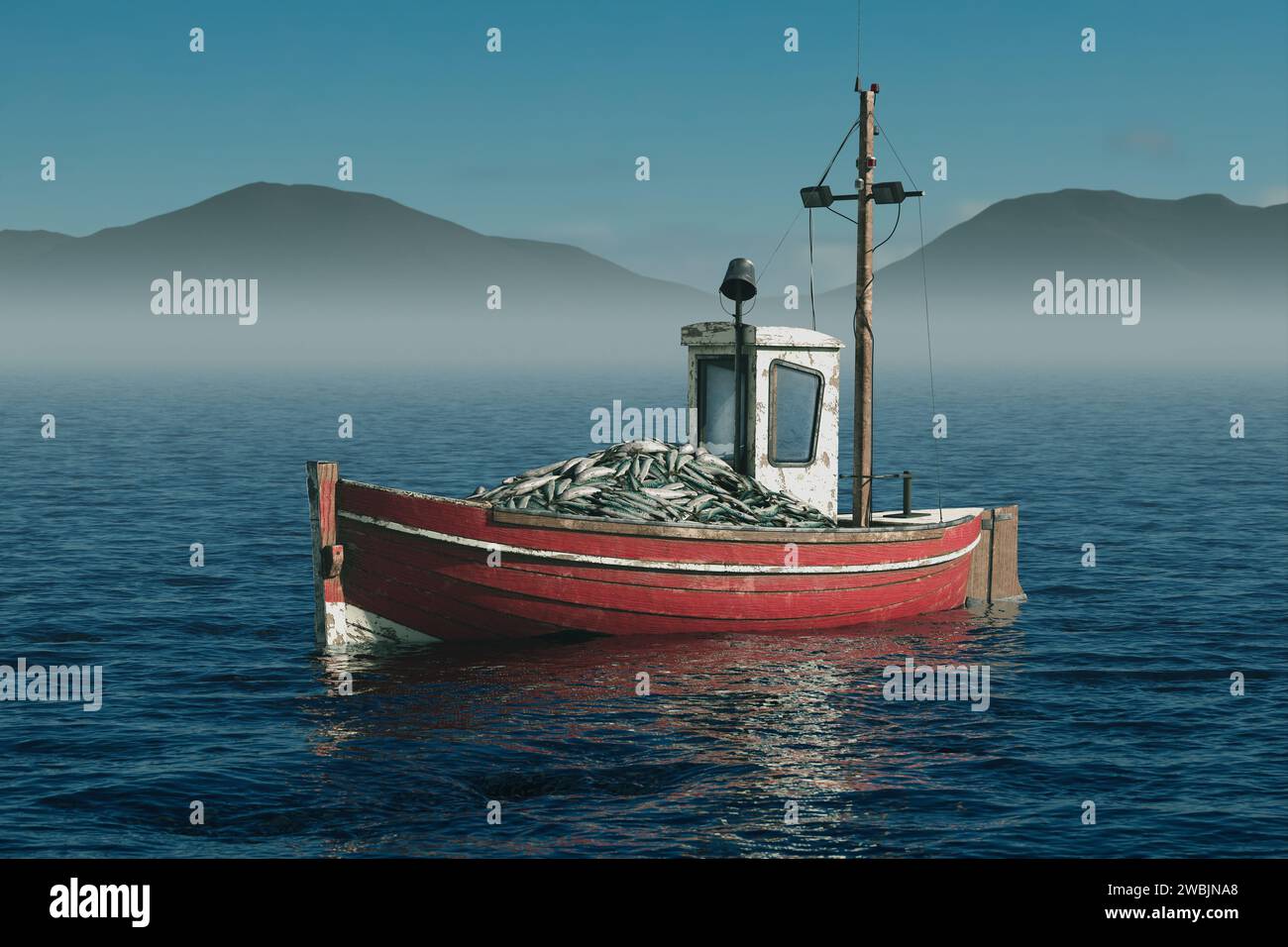 A vibrant red fishing trawler hauls in a fresh catch on the serene blue ...