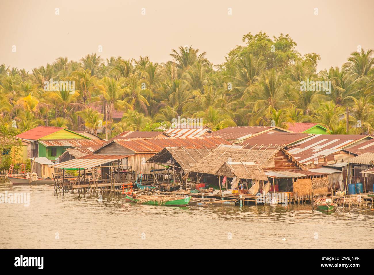 Cambodian slum / houses on the bank of a river during the dry season ...