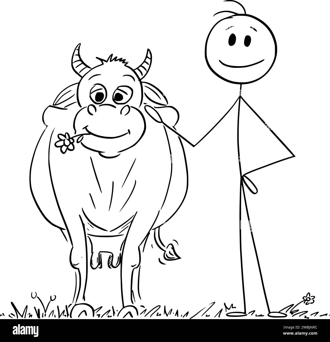 Person or Farmer with Happy Cow, Vector Cartoon Stick Figure ...