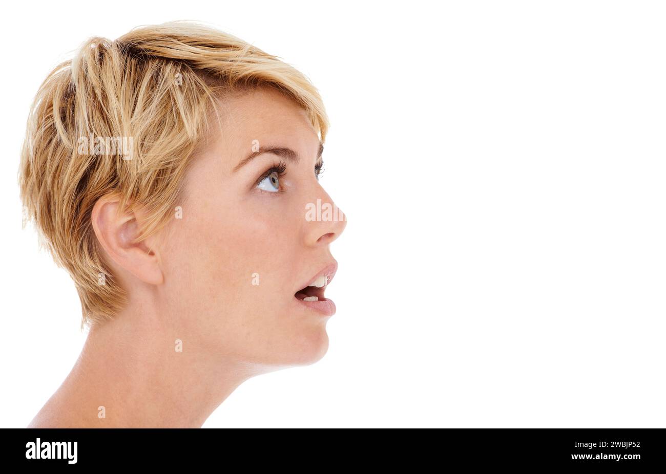 Woman, face and shock on mockup space for news, notification or alert ...