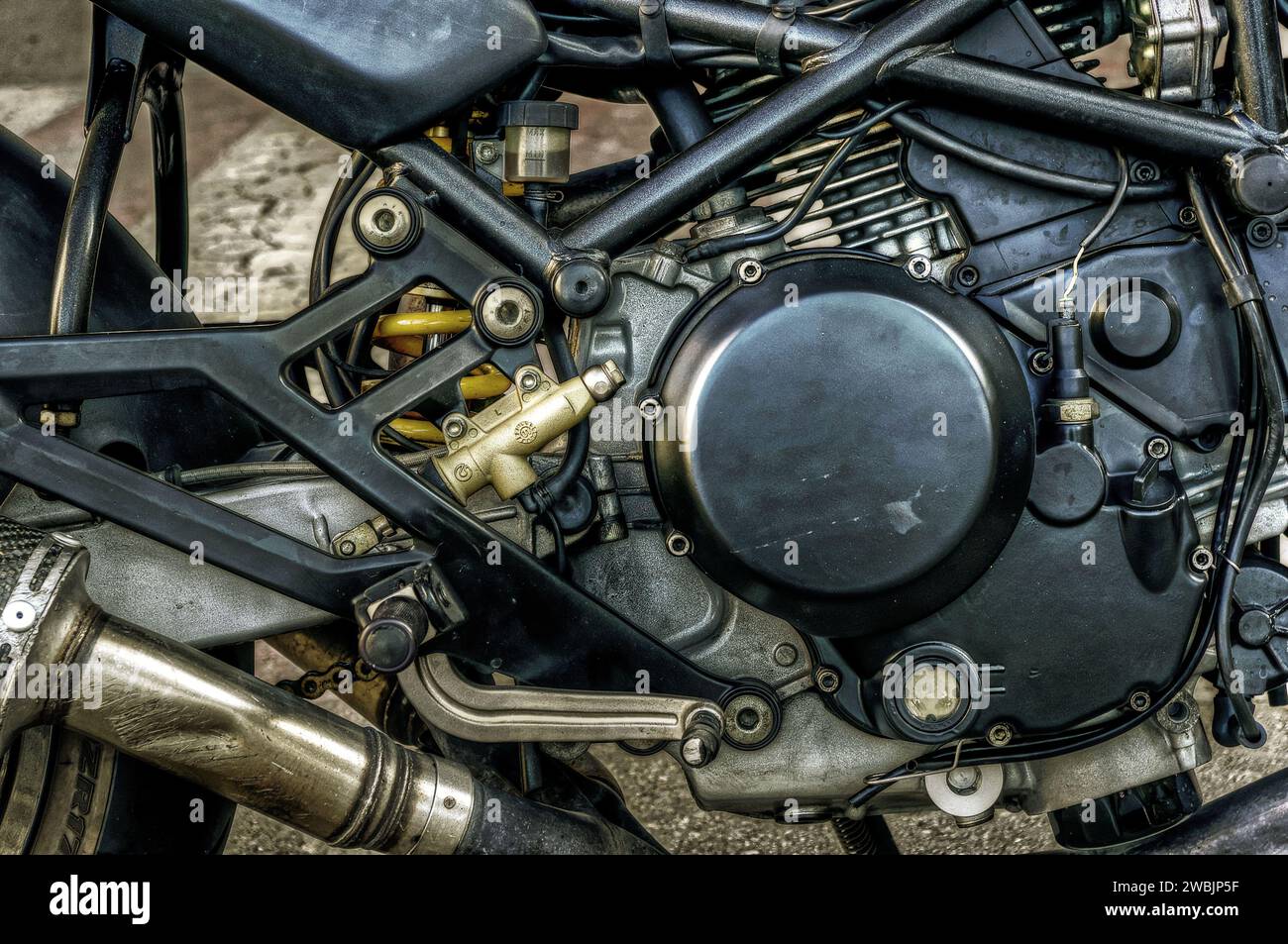 An up-close of a motorcycle engine, showcasing its intricate details ...