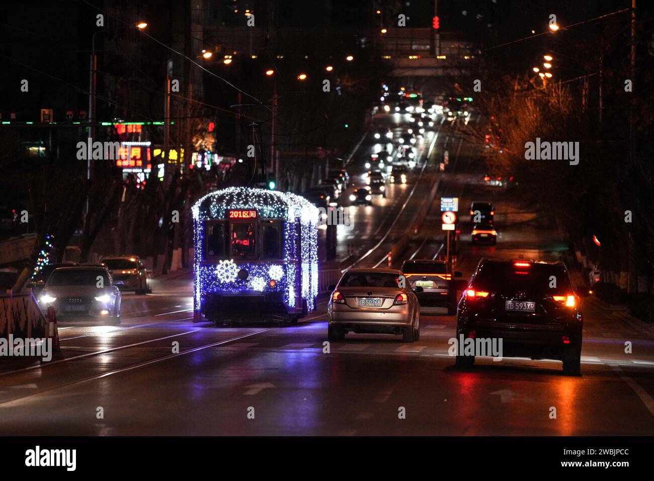 Dalian, China's Liaoning Province. 9th Jan, 2024. A tram decorated with ...
