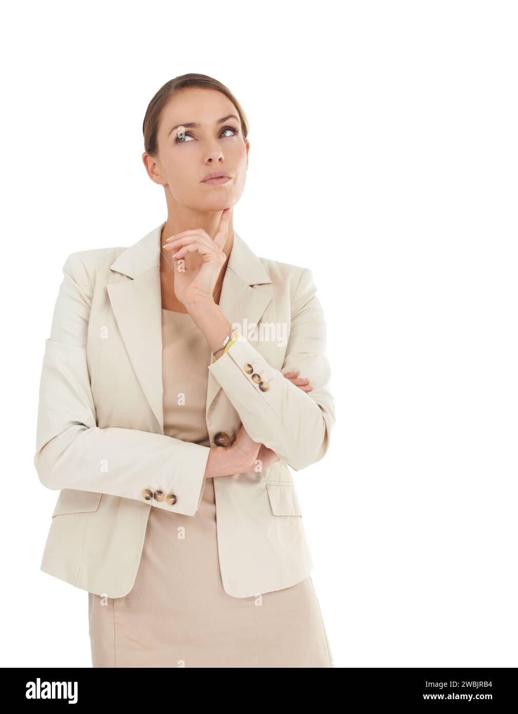 Business woman, thinking with ideas and insight for company, future and ...