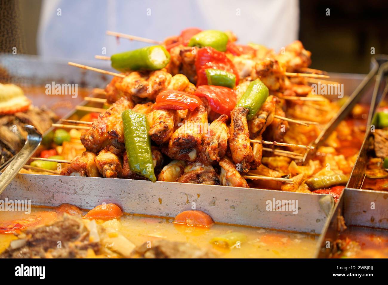 A Traditional Turkish cuisine sucuk, hummus, kebab, bulgar in ...