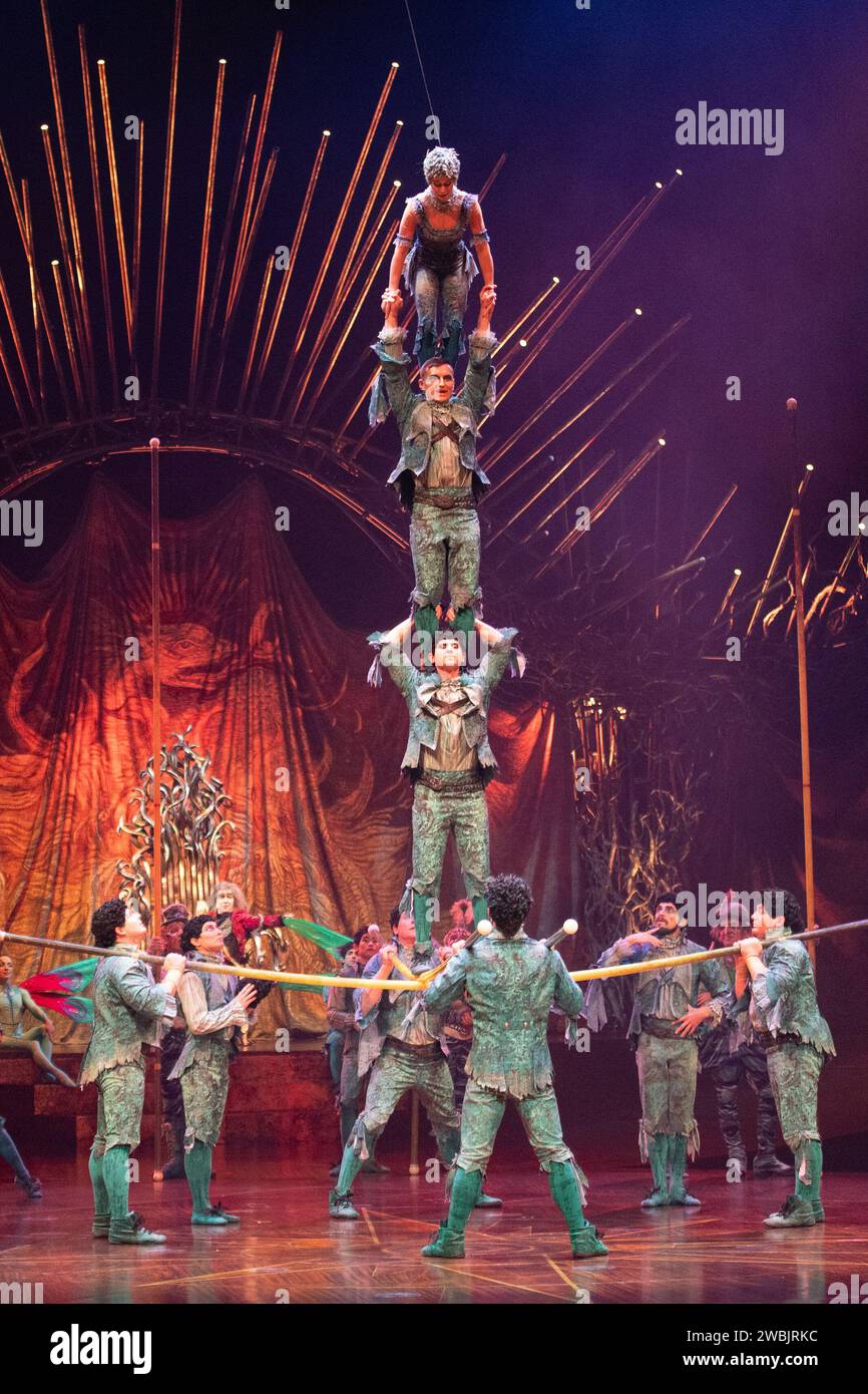 London, UK. 10 Jan, 2024. Pictured: Acrobats perform on the 'Acro Pole ...