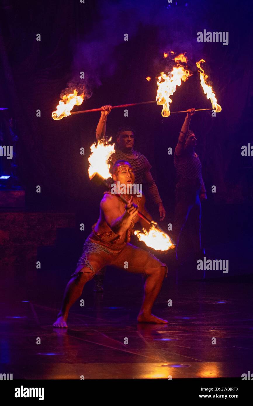 London, UK. 10 Jan, 2024. Pictured: Fire Knife Dancer Falaniko Solomona ...