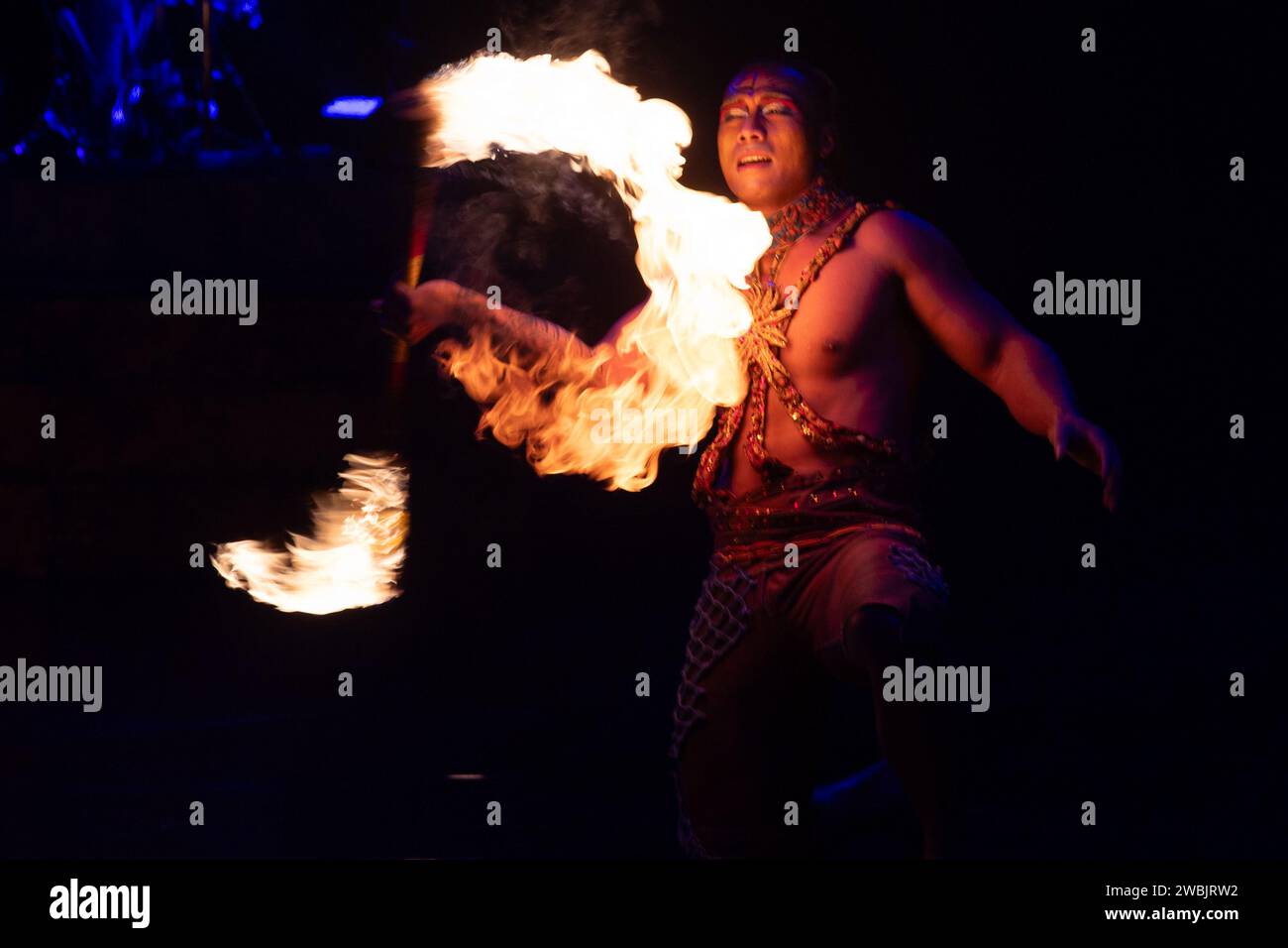 London, UK. 10 Jan, 2024. Pictured: Fire Knife Dancer Falaniko Solomona ...
