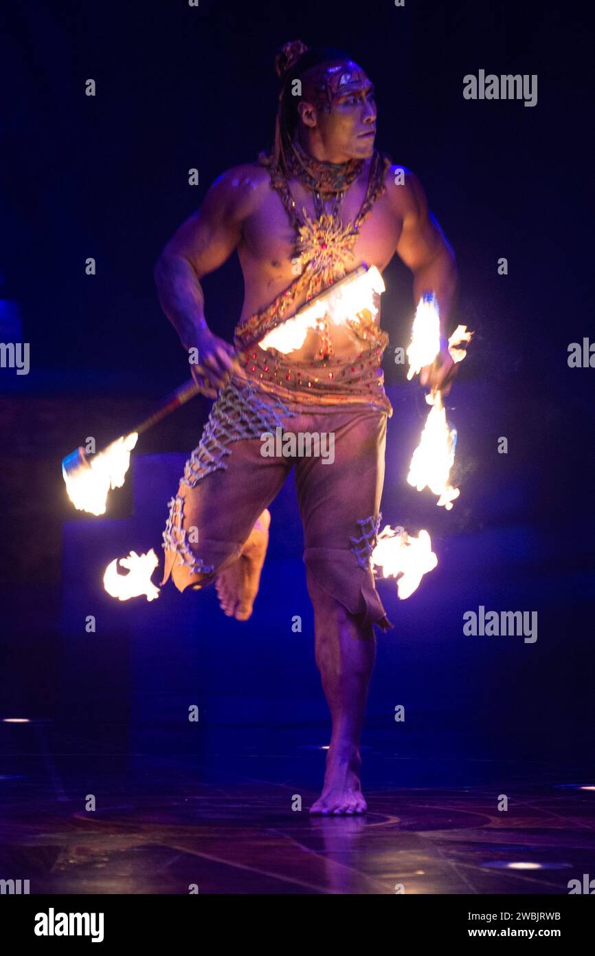 London, UK. 10 Jan, 2024. Pictured: Fire Knife Dancer Falaniko Solomona ...