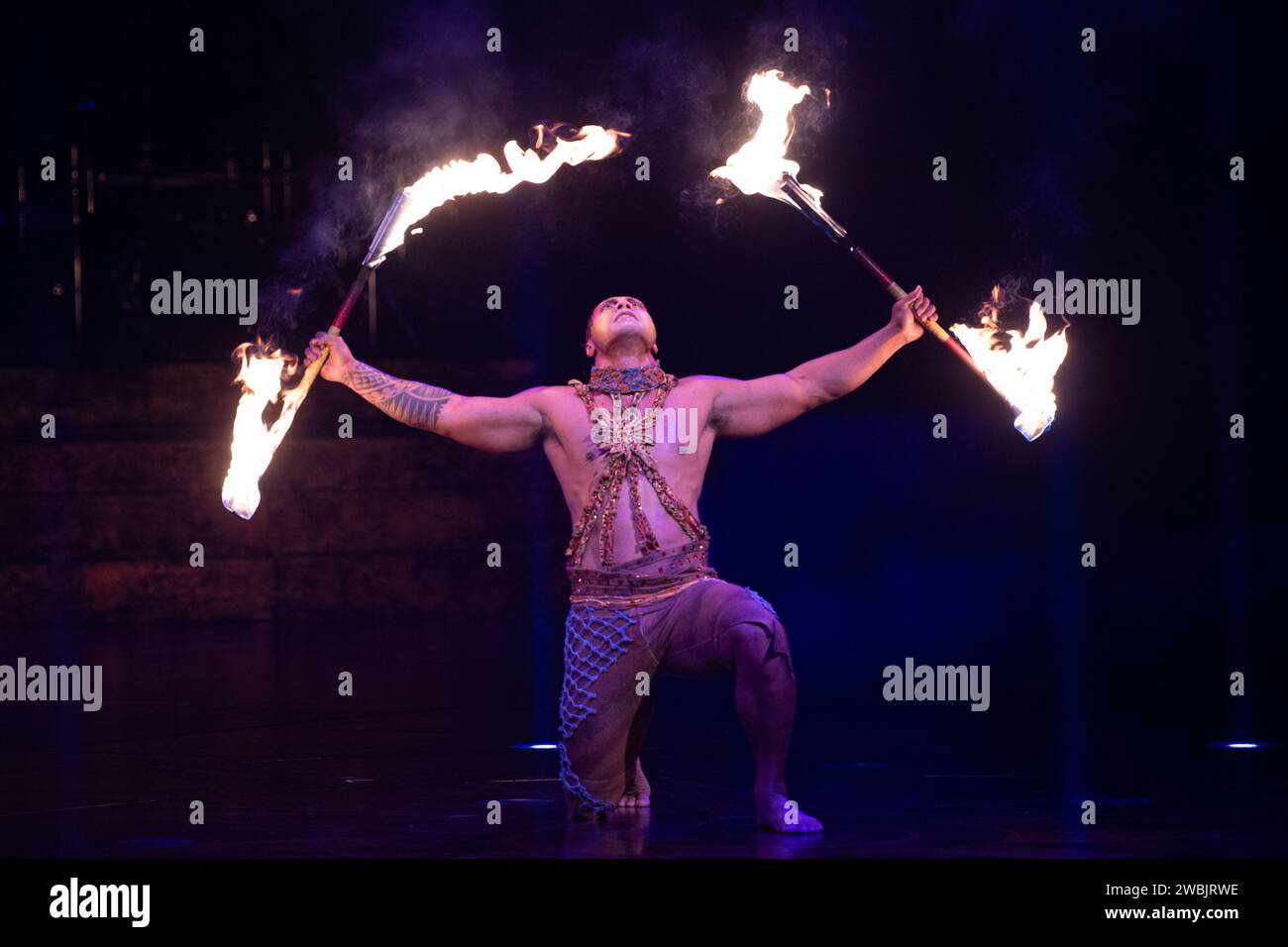 London, UK. 10 Jan, 2024. Pictured: Fire Knife Dancer Falaniko Solomona ...