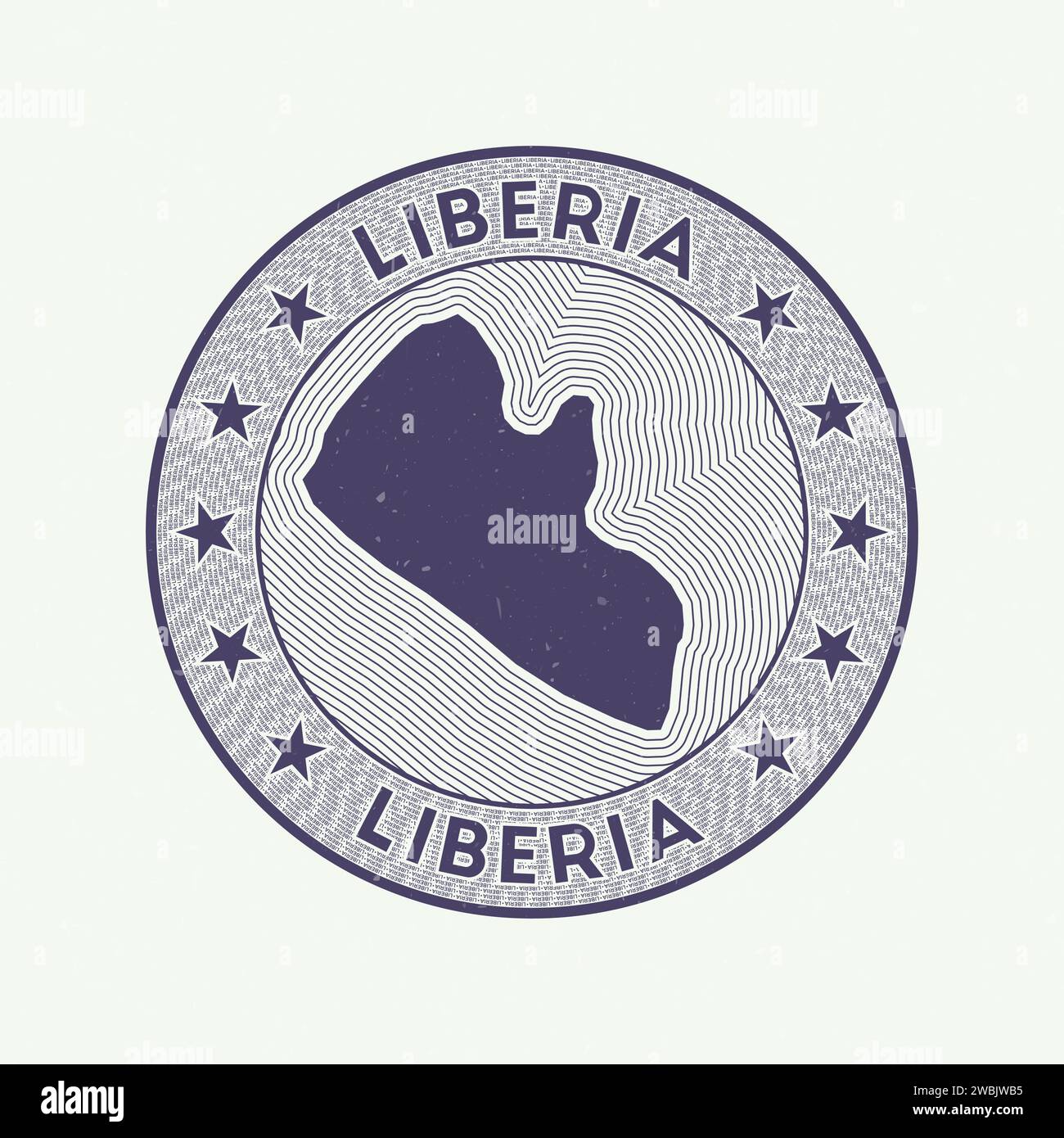 Liberia round badge vector. Country round stamp with shape of Liberia, isolines and circular ...