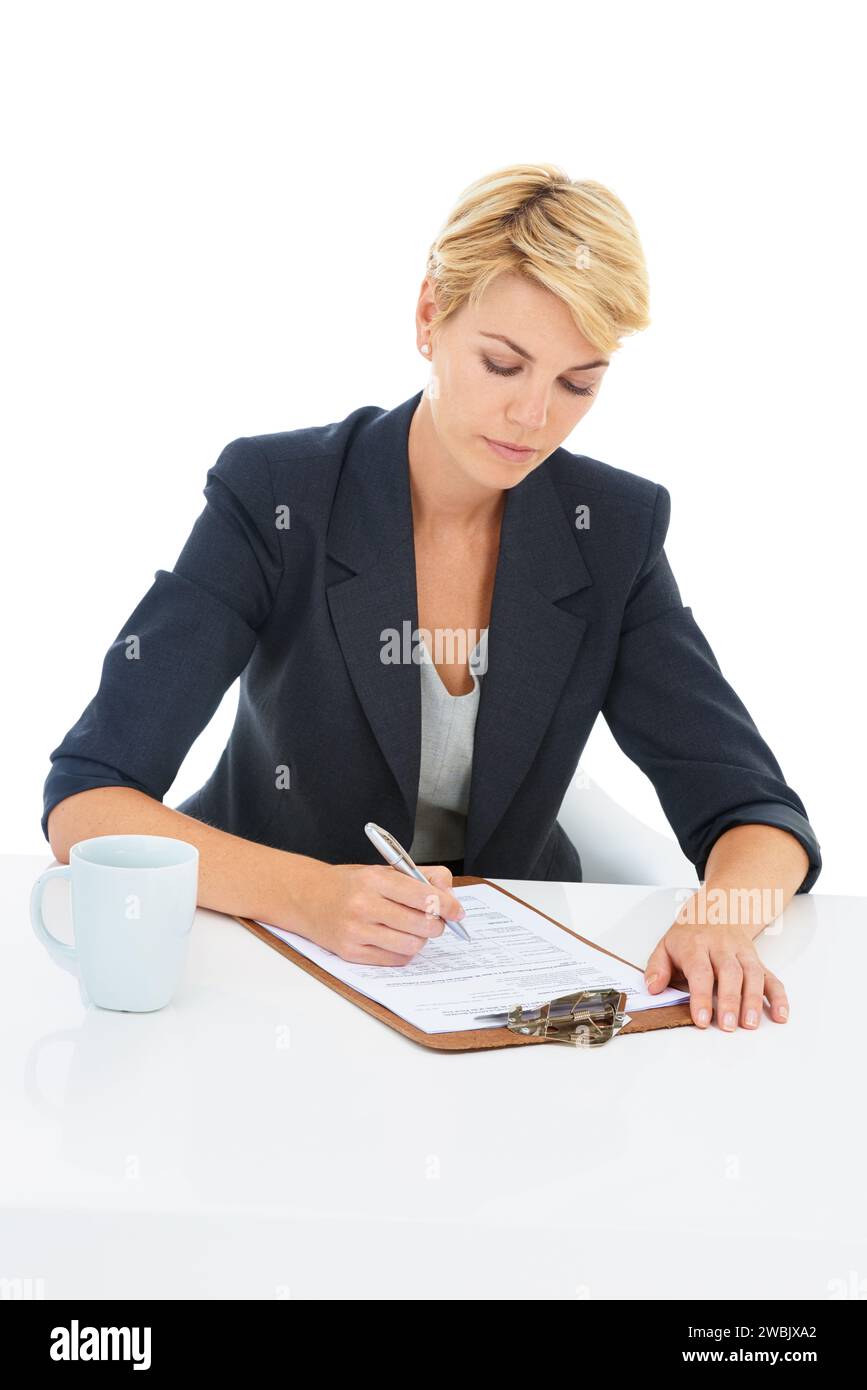 Business woman, documents and writing in studio with legal information ...