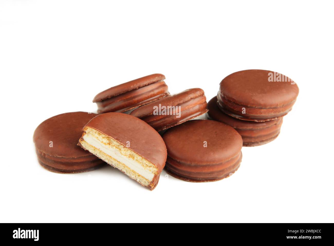 Choco pie chocolate coated snacks isolated on white. Top view Stock ...