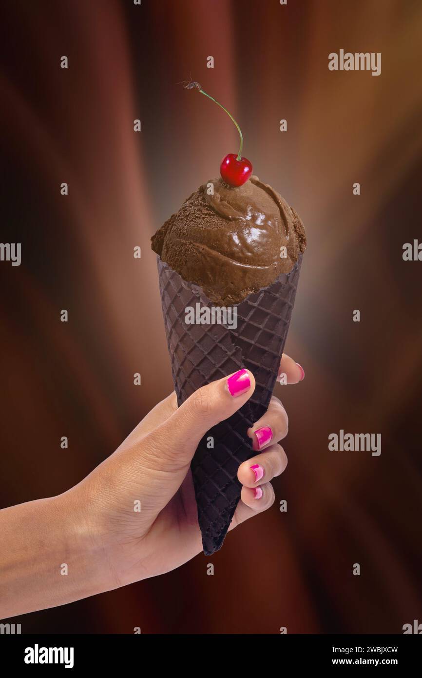 Woman's hand holding Chocolate ice cream cone. Ice cream cone in hand ...
