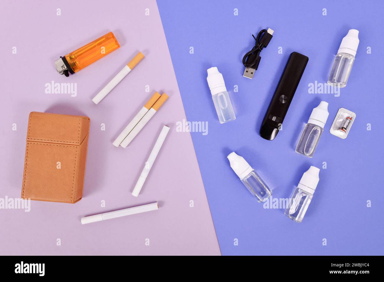 Comparison between electronic and real cigarette with tools Stock Photo ...