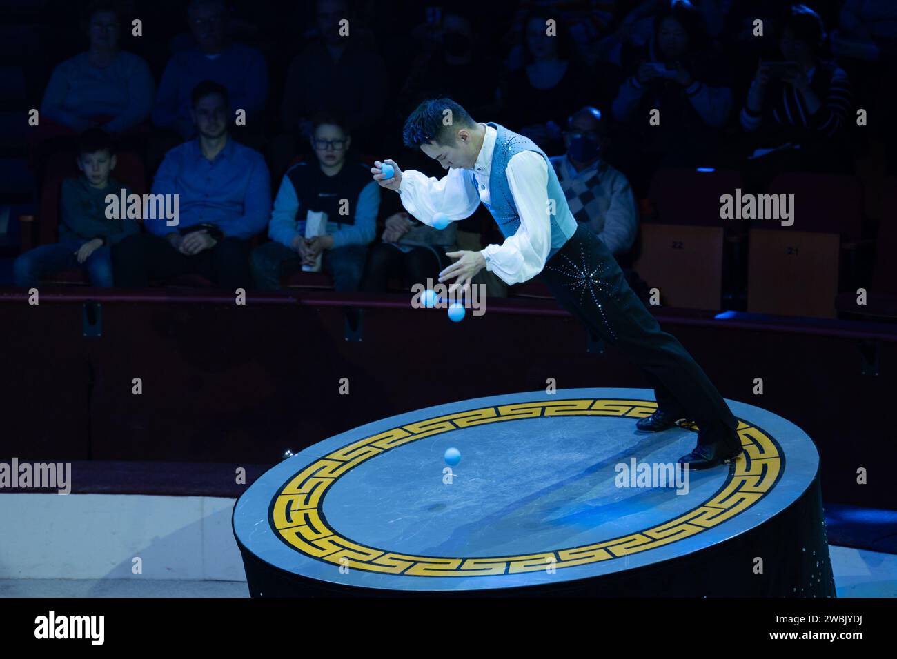Budapest. 10th Jan, 2024. A Chinese acrobat performs a juggling act ...