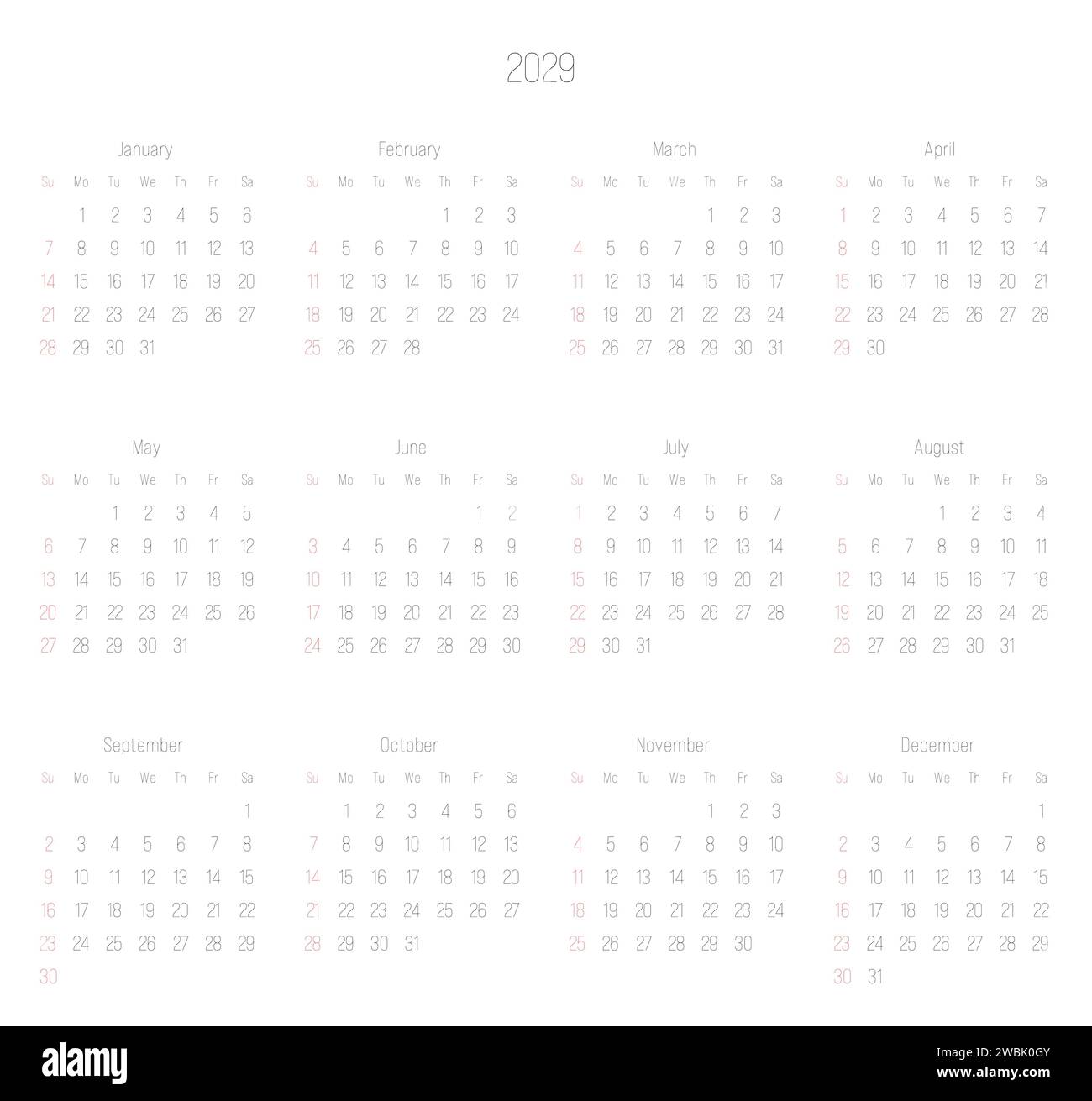 Monthly calendar of year 2029. Week starts on Sunday. Block of months ...