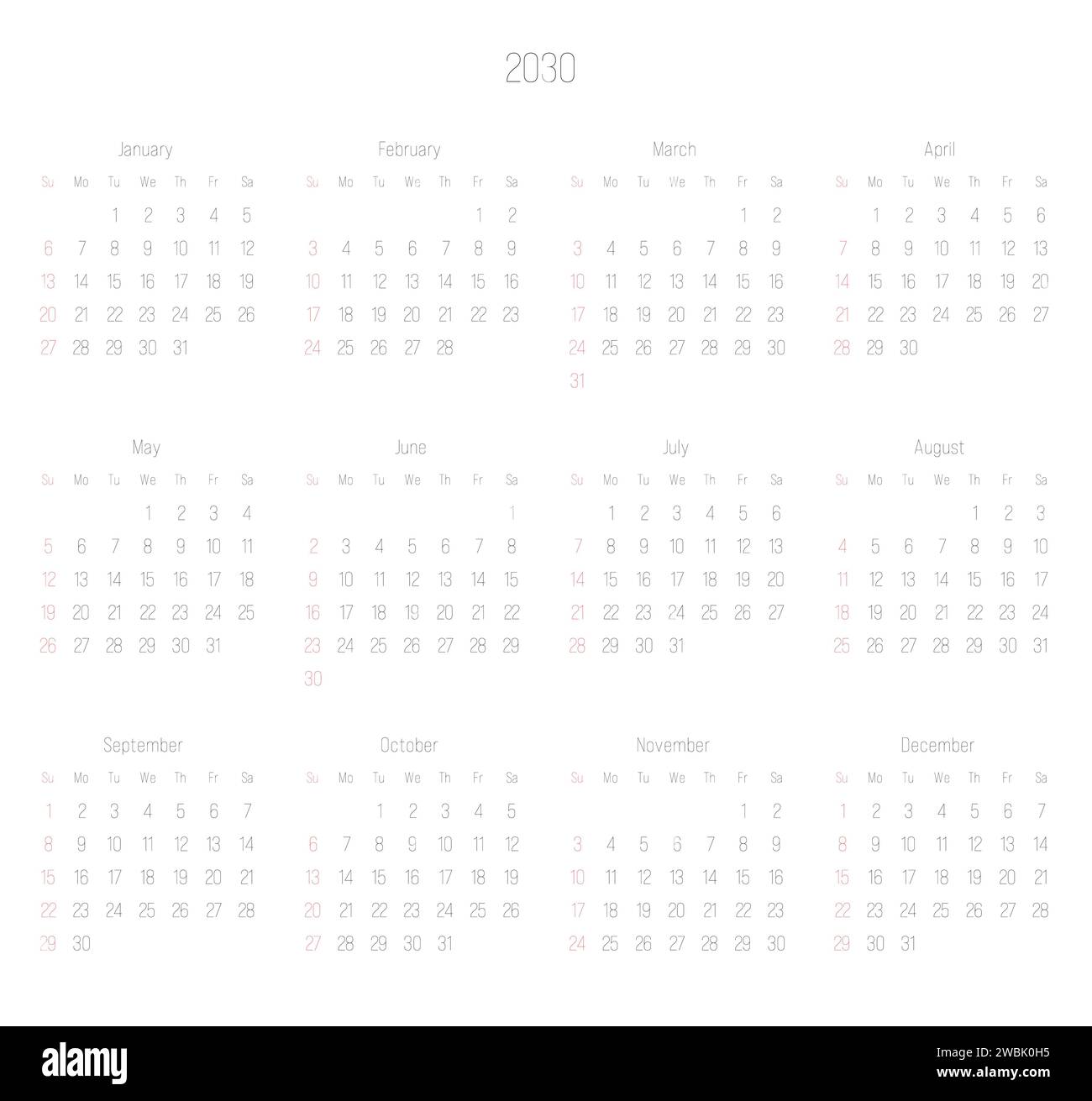Monthly calendar of year 2030. Week starts on Sunday. Block of months. Simple thin minimalist ...
