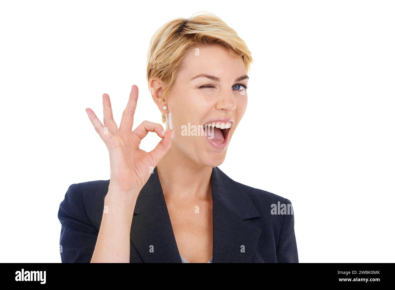 Businesswoman, okay and agreement in studio, portrait and approval ...