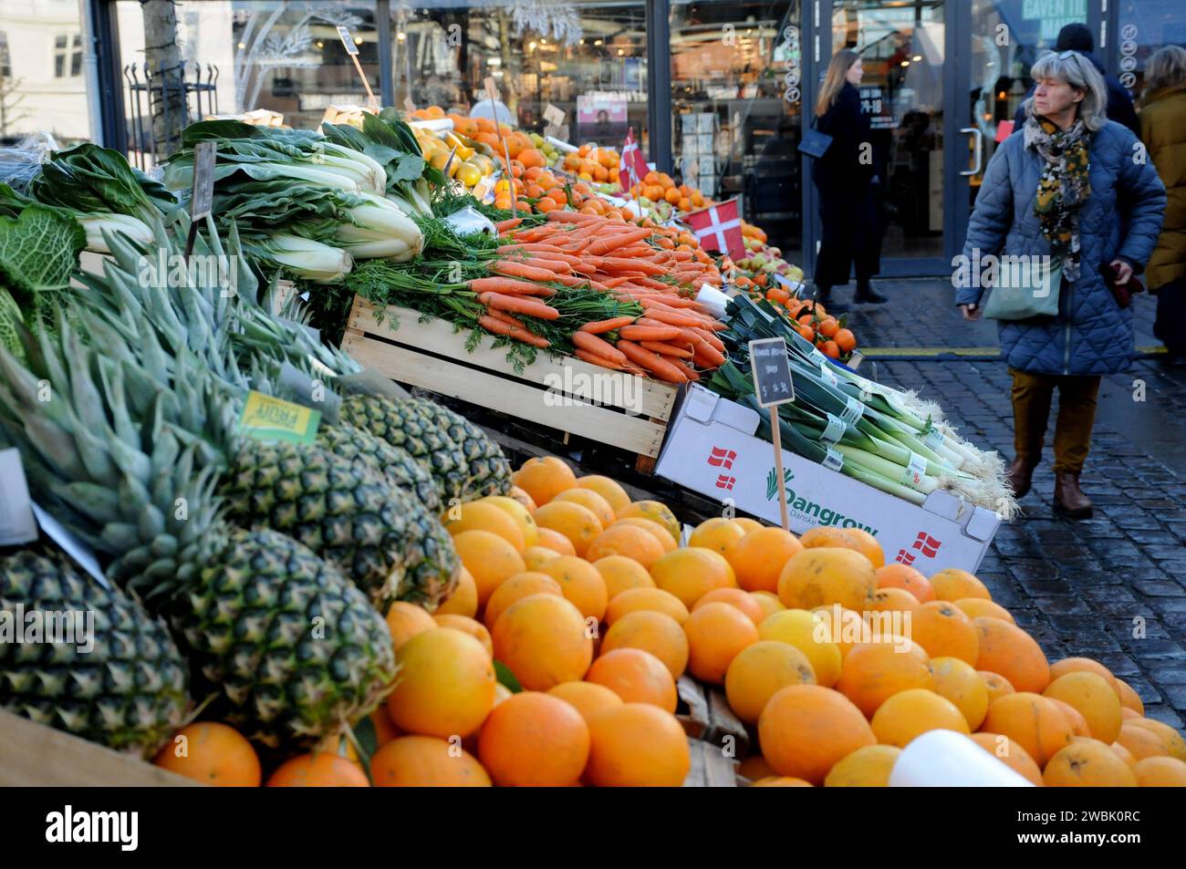 Copenhagen, Denmark /11 January 2024/Shoppers at farmers market or ...