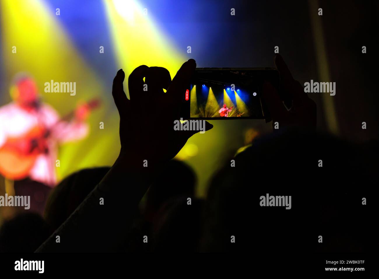 Enthusiastic audience enjoying popular music concert with illuminated ...