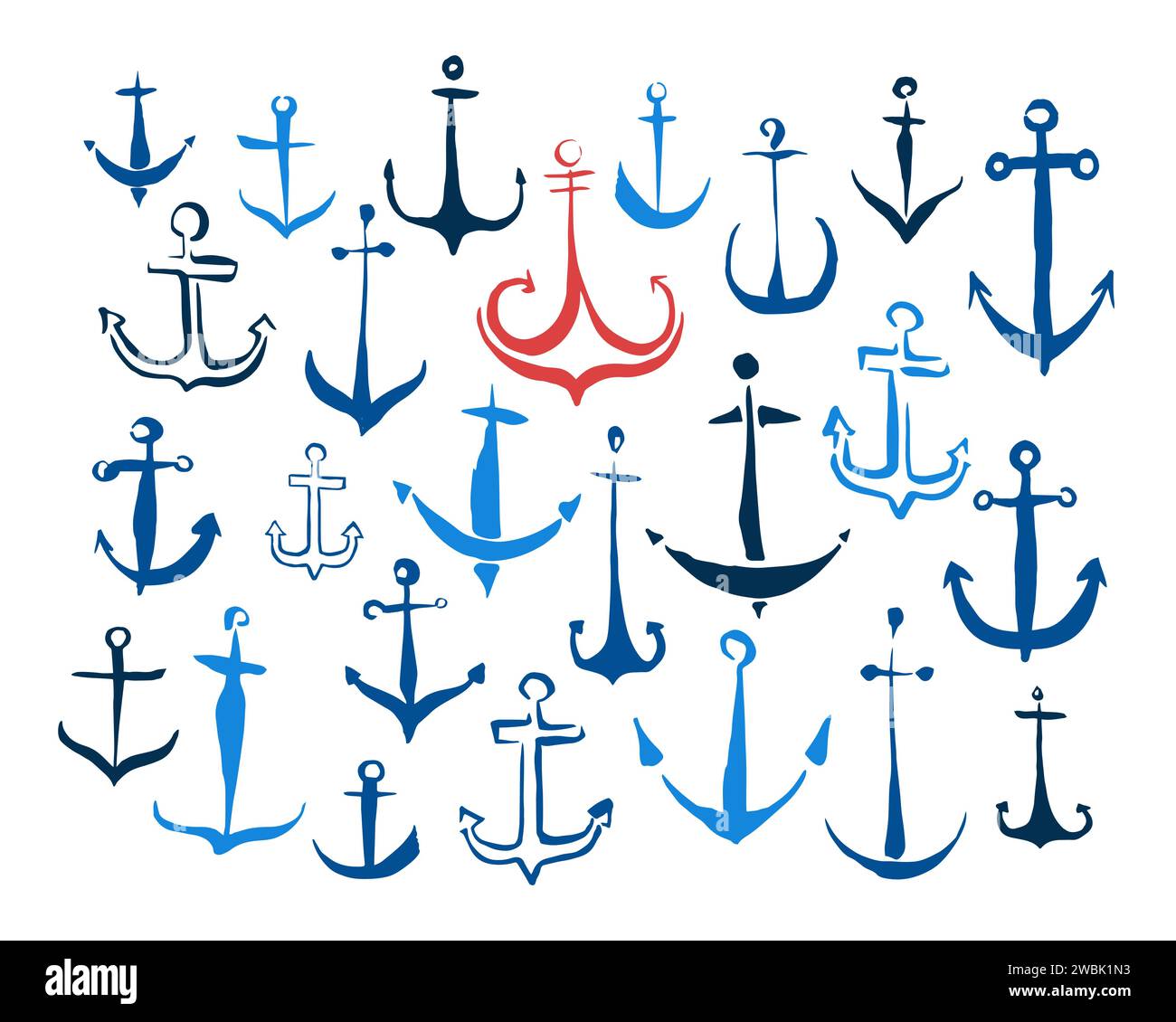 Anchors set hand painted with ink brush, isolated on white background ...