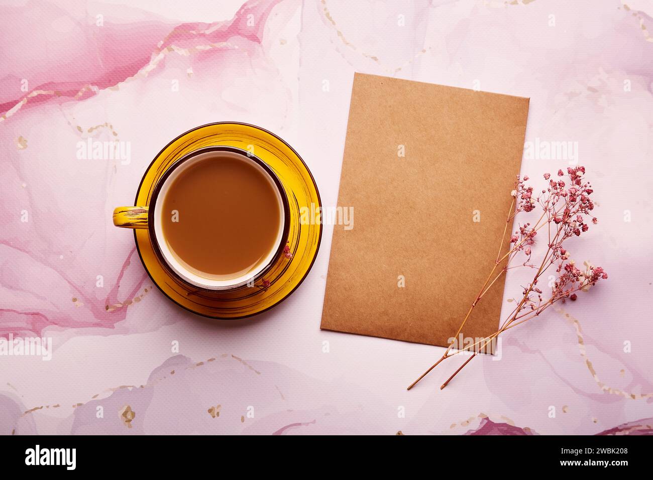 Mockup of paper, crafting card with cup of coffee. Fluid art and ...