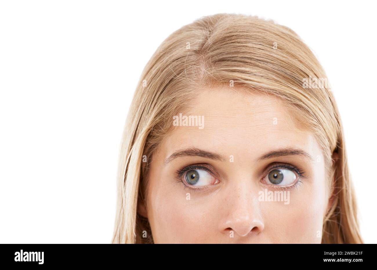 Half face, thinking and woman with question, solution or decision ...