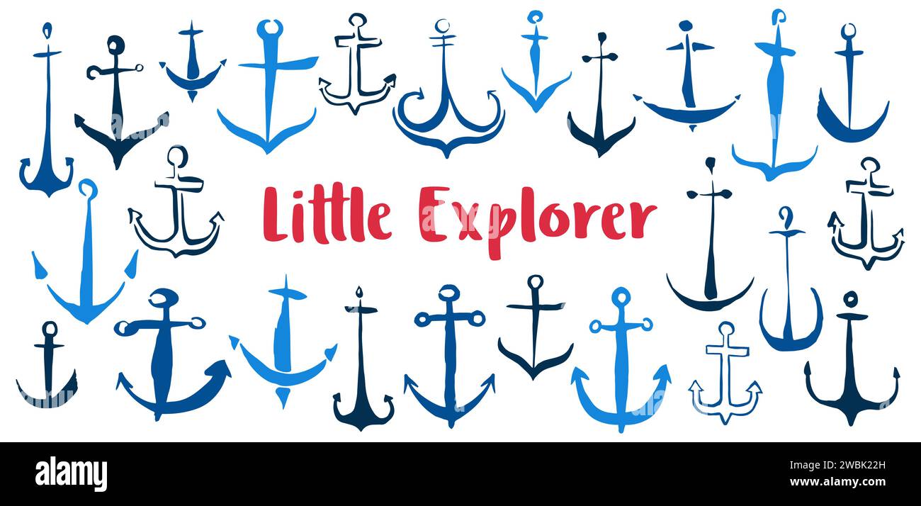 Little Explorer anchors banner hand painted with ink brush, isolated on ...