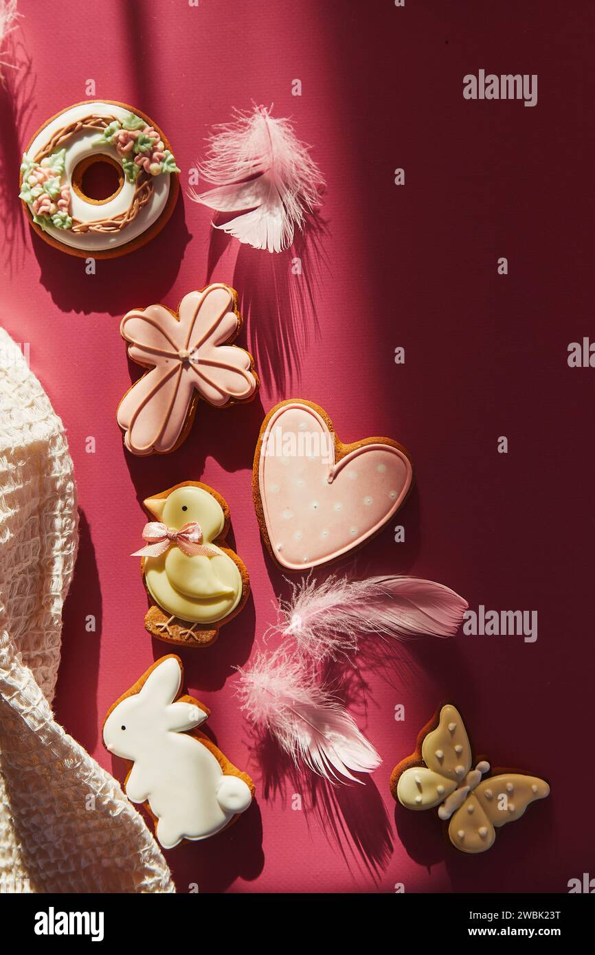 Easter cookies on Viva Magenta background with shadows flat lay ...