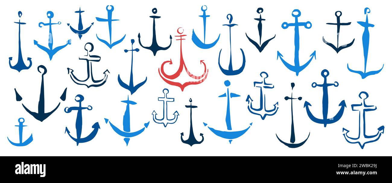Anchors set hand painted with ink brush, isolated on white background ...