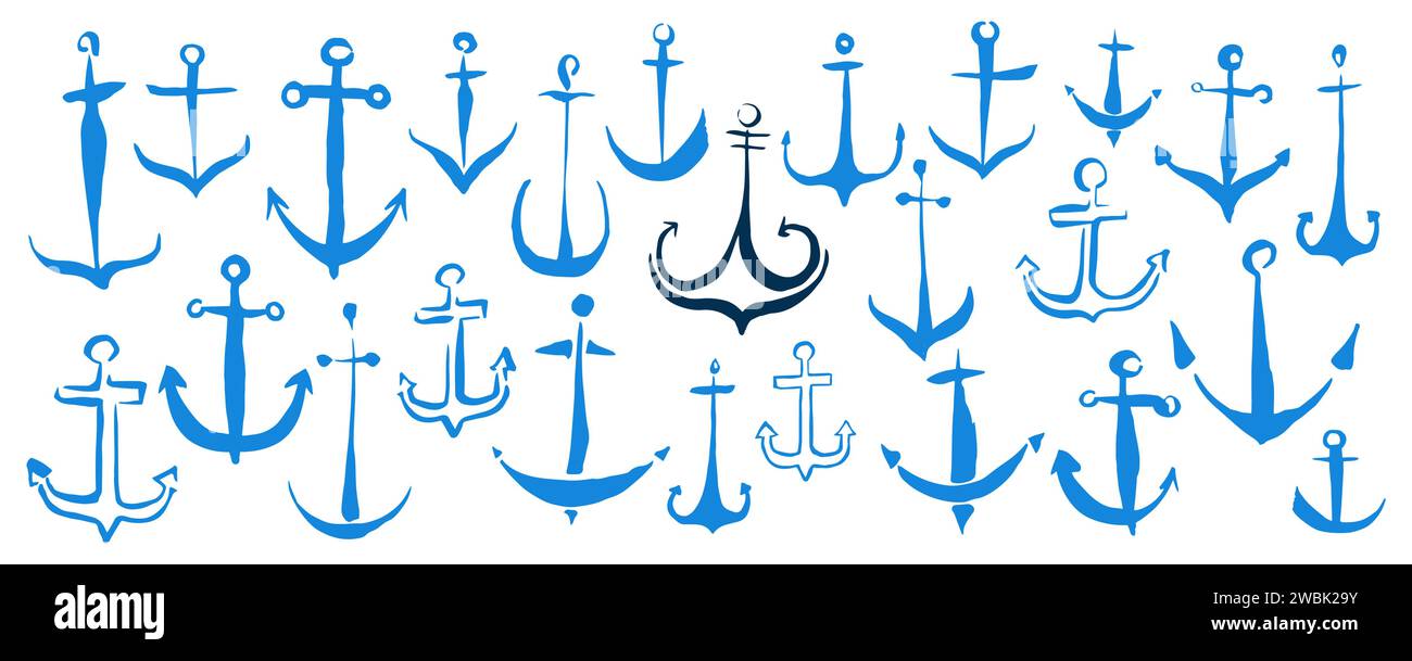 Anchors set hand painted with ink brush, isolated on white background ...