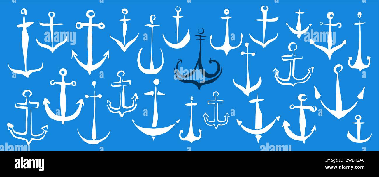 Anchors set hand painted with ink brush, isolated on white background ...