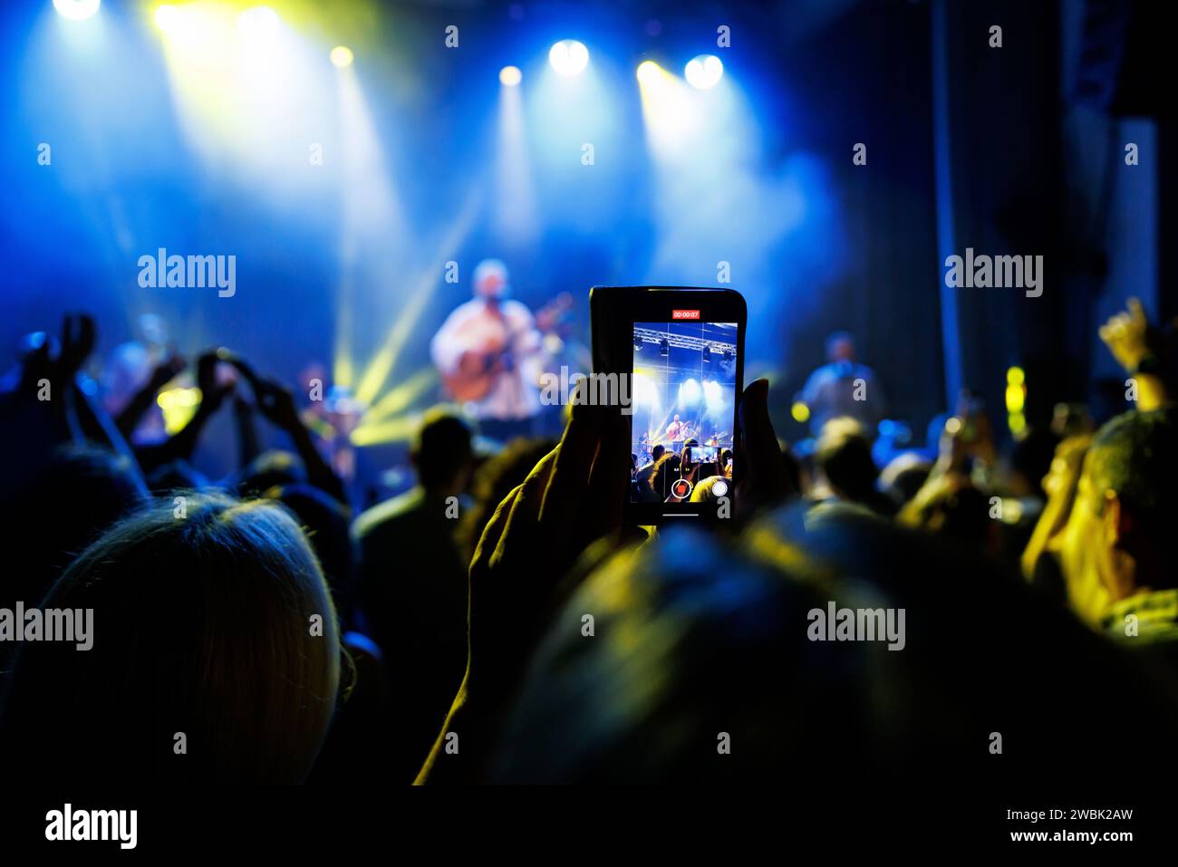Group of People Enjoying a Live Concert with Stage Lights and Mobile ...