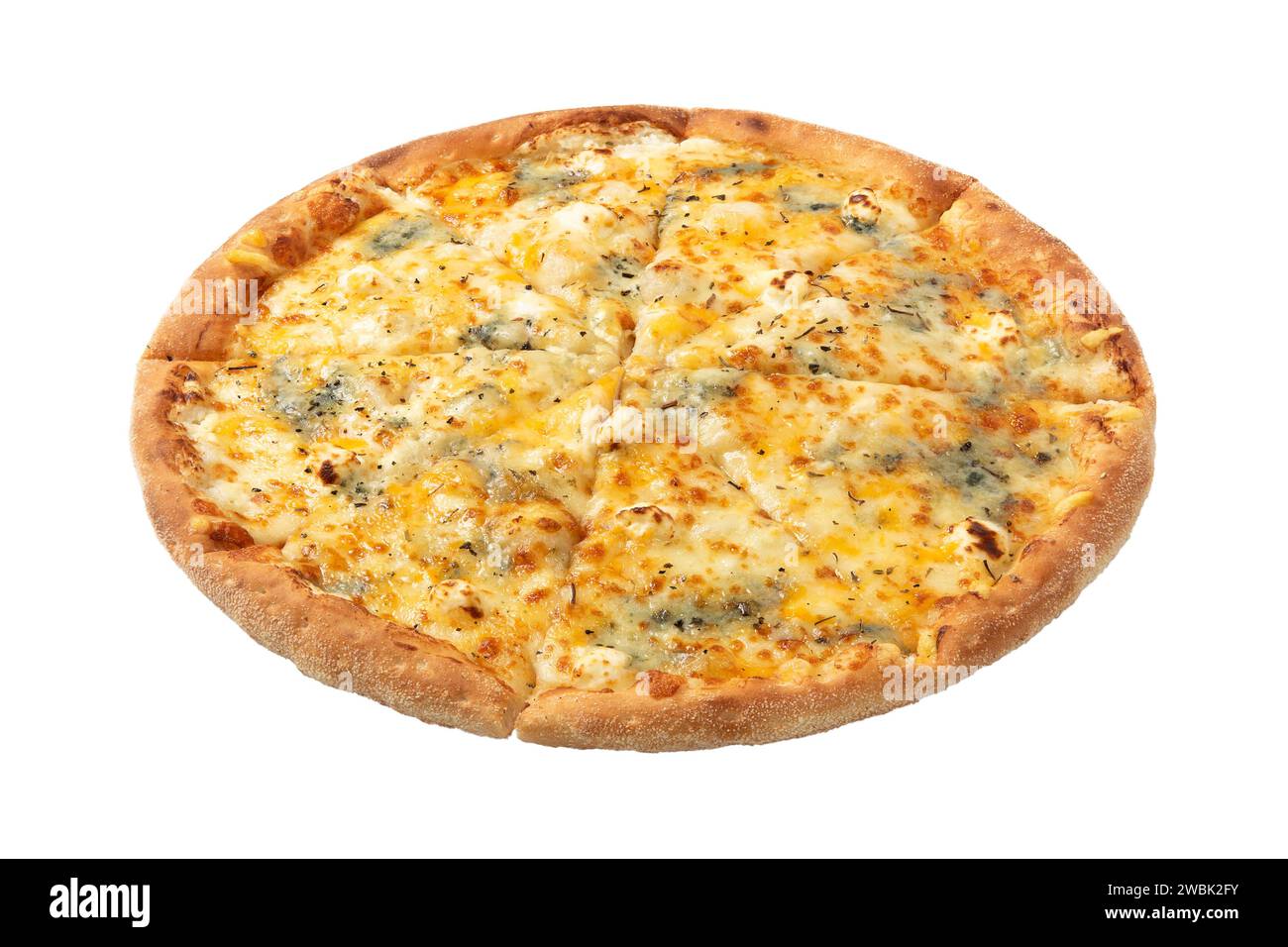 Pizza Quattro Formaggi, four cheese pizza isolated on white background. Side view Stock Photo ...