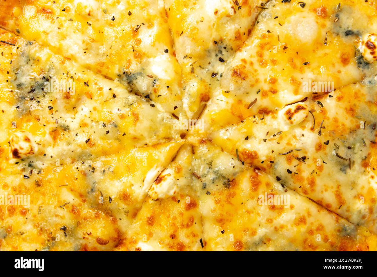 Background with Pizza Quattro Formaggi, four cheese pizza isolated on white background. Top view ...