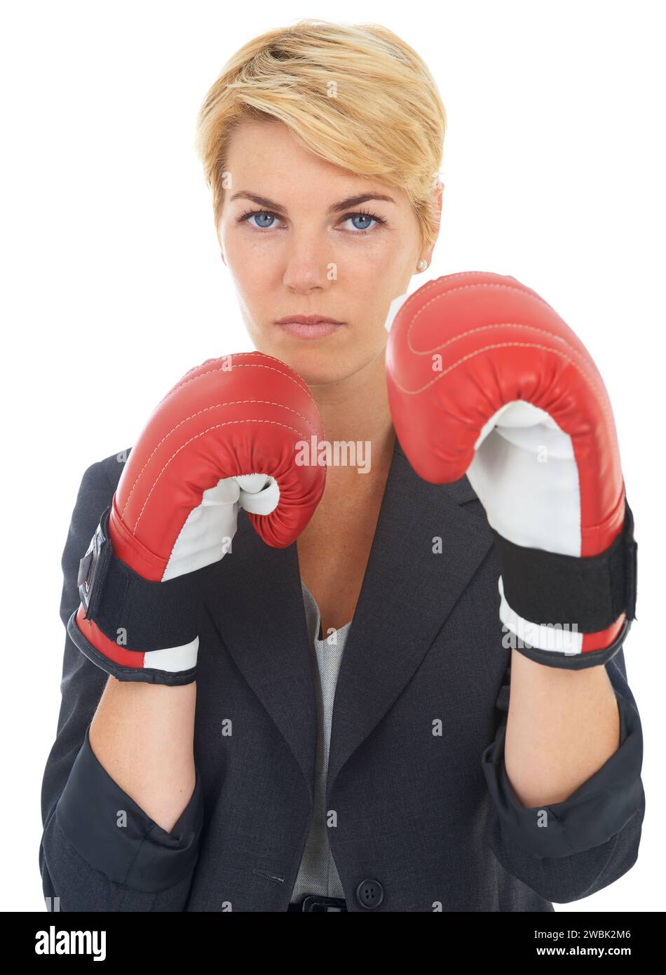 Businesswoman, portrait and boxing gloves with face for corporate fight ...