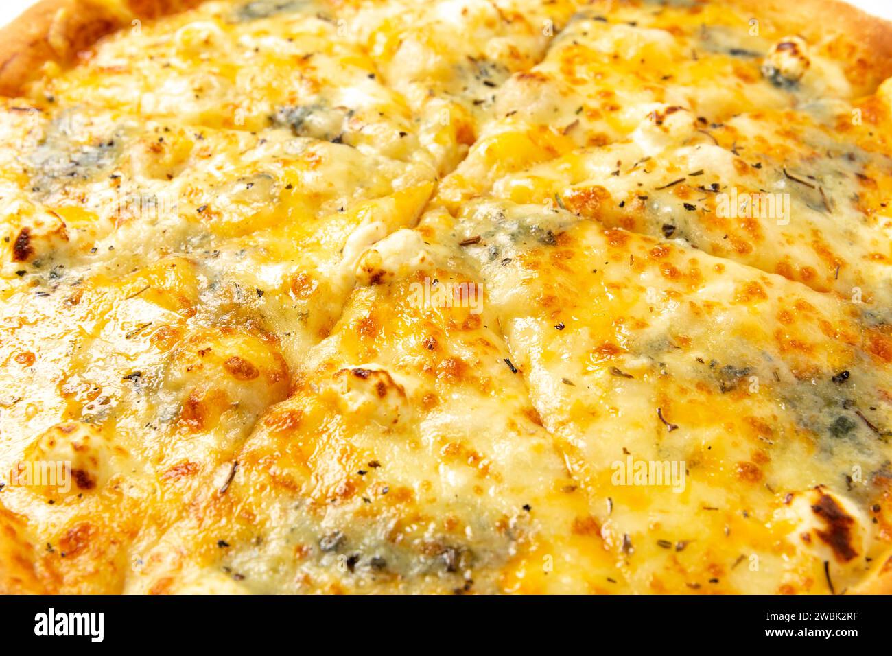 Background with Pizza Quattro Formaggi, four cheese pizza isolated on white background. Top view ...