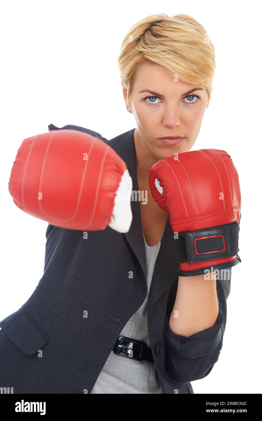 Businesswoman, portrait and boxing gloves with career for corporate ...