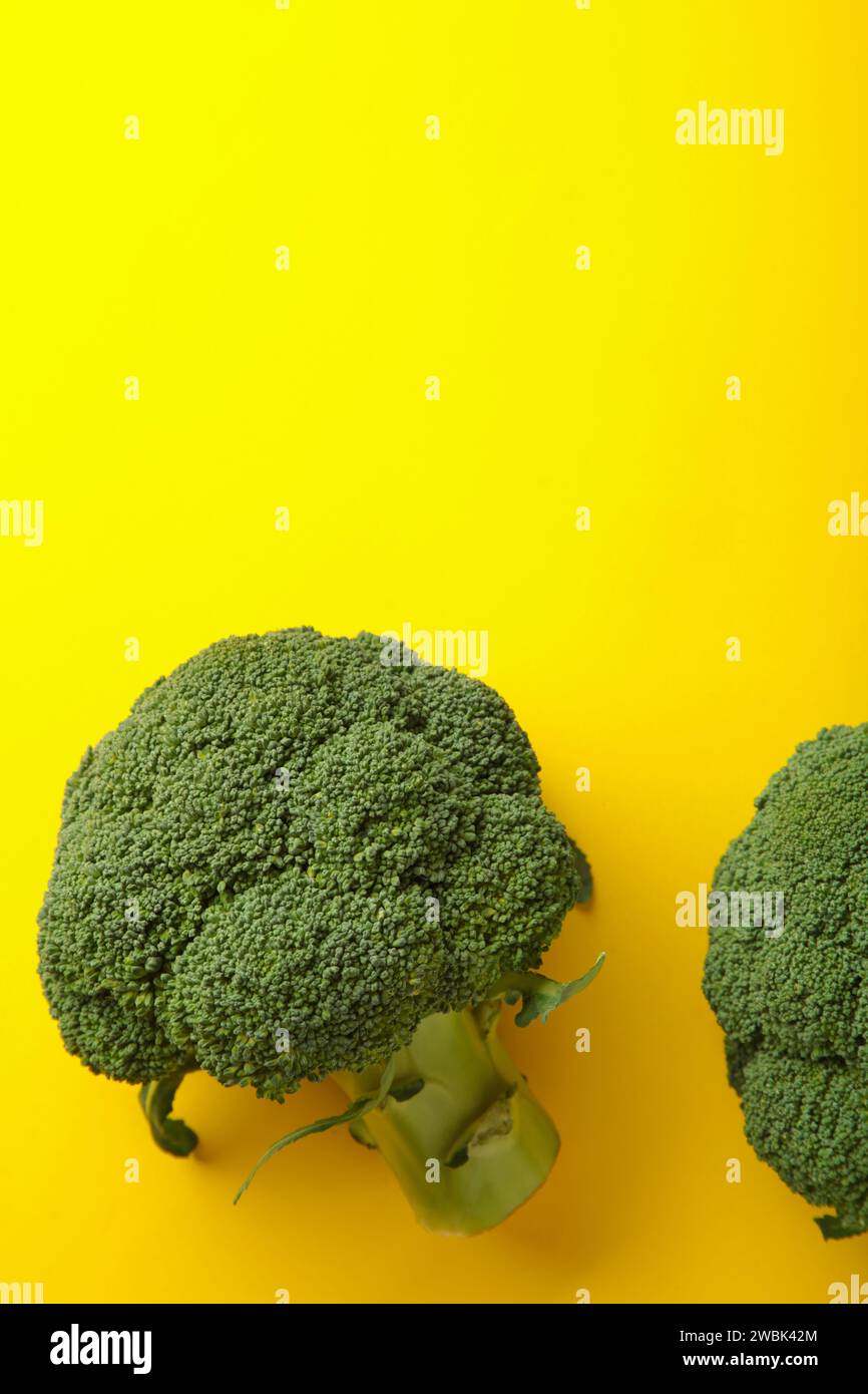 Broccoli cabbage on a yellow background. Pattern of fresh broccoli ...