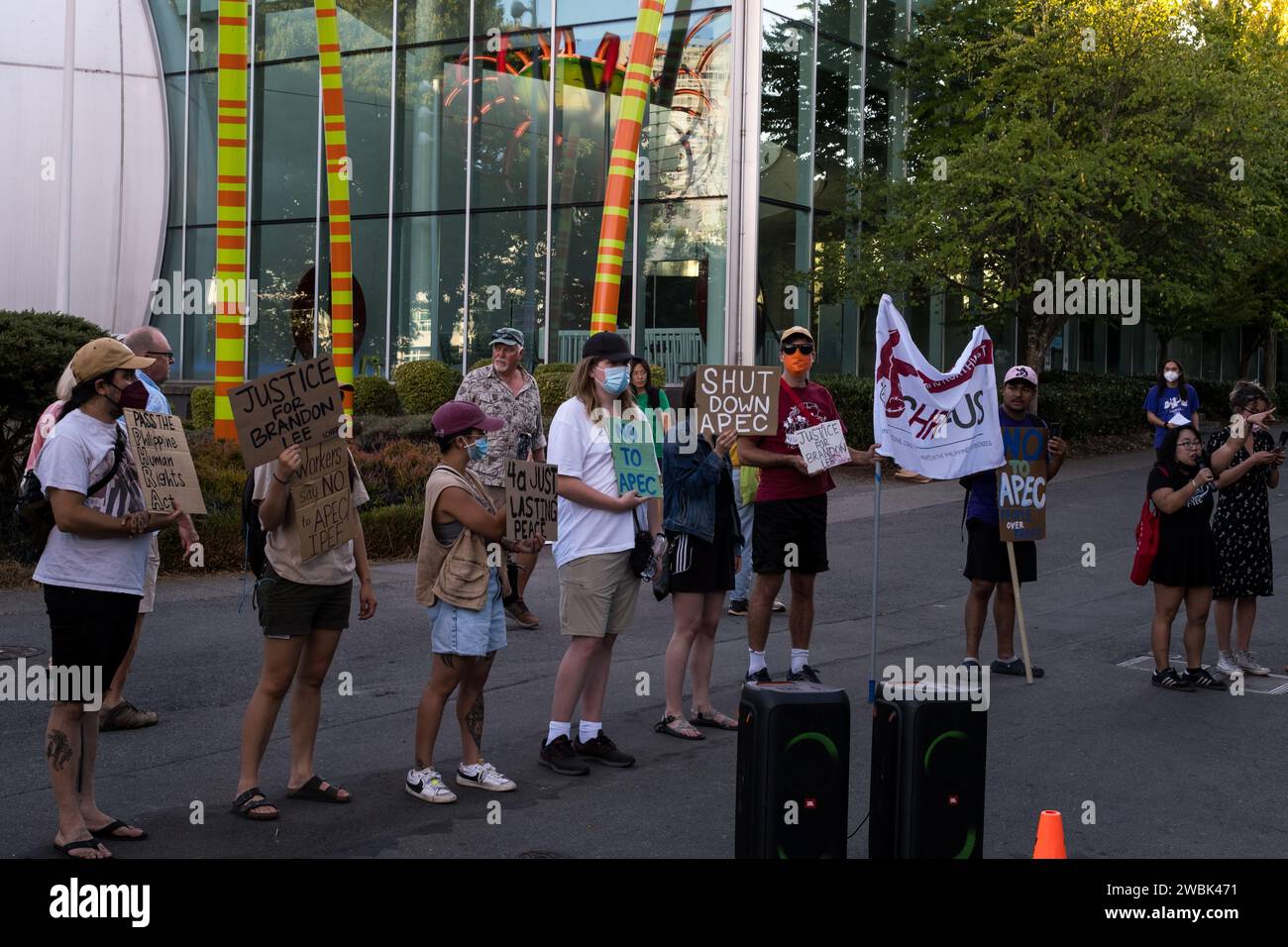 Seattle, USA. 15 Aug, 2023. A small APEC protest at the Seattle Center ...