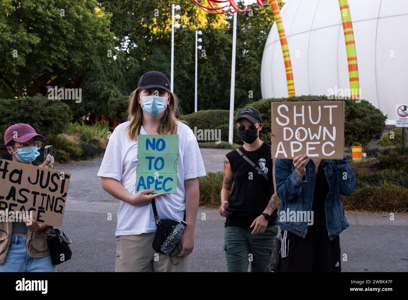 Seattle, USA. 15 Aug, 2023. A small APEC protest at the Seattle Center ...