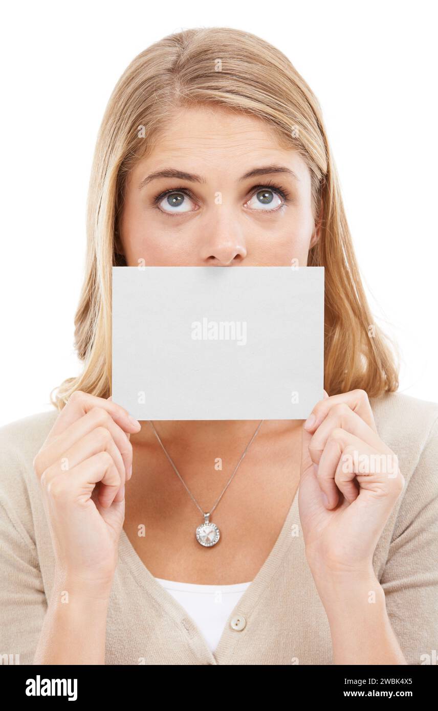 Thinking, face and woman with empty card, sign or poster for question ...
