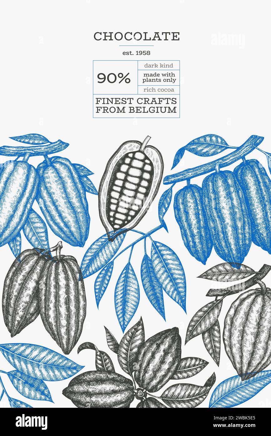 Cocoa design template. Chocolate cocoa beans background. Vector hand ...