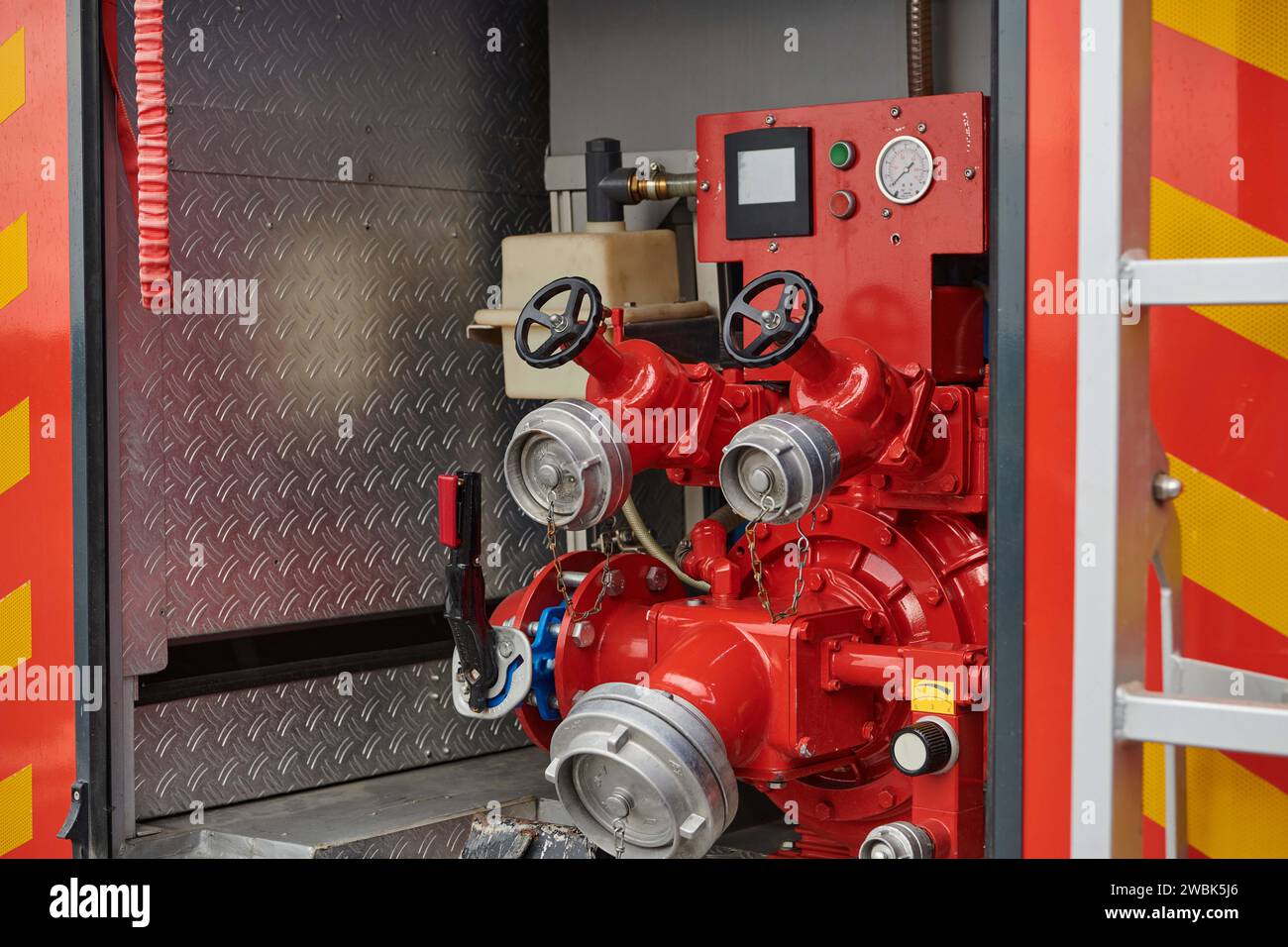 Close-up of essential firefighting equipment on a modern firetruck ...
