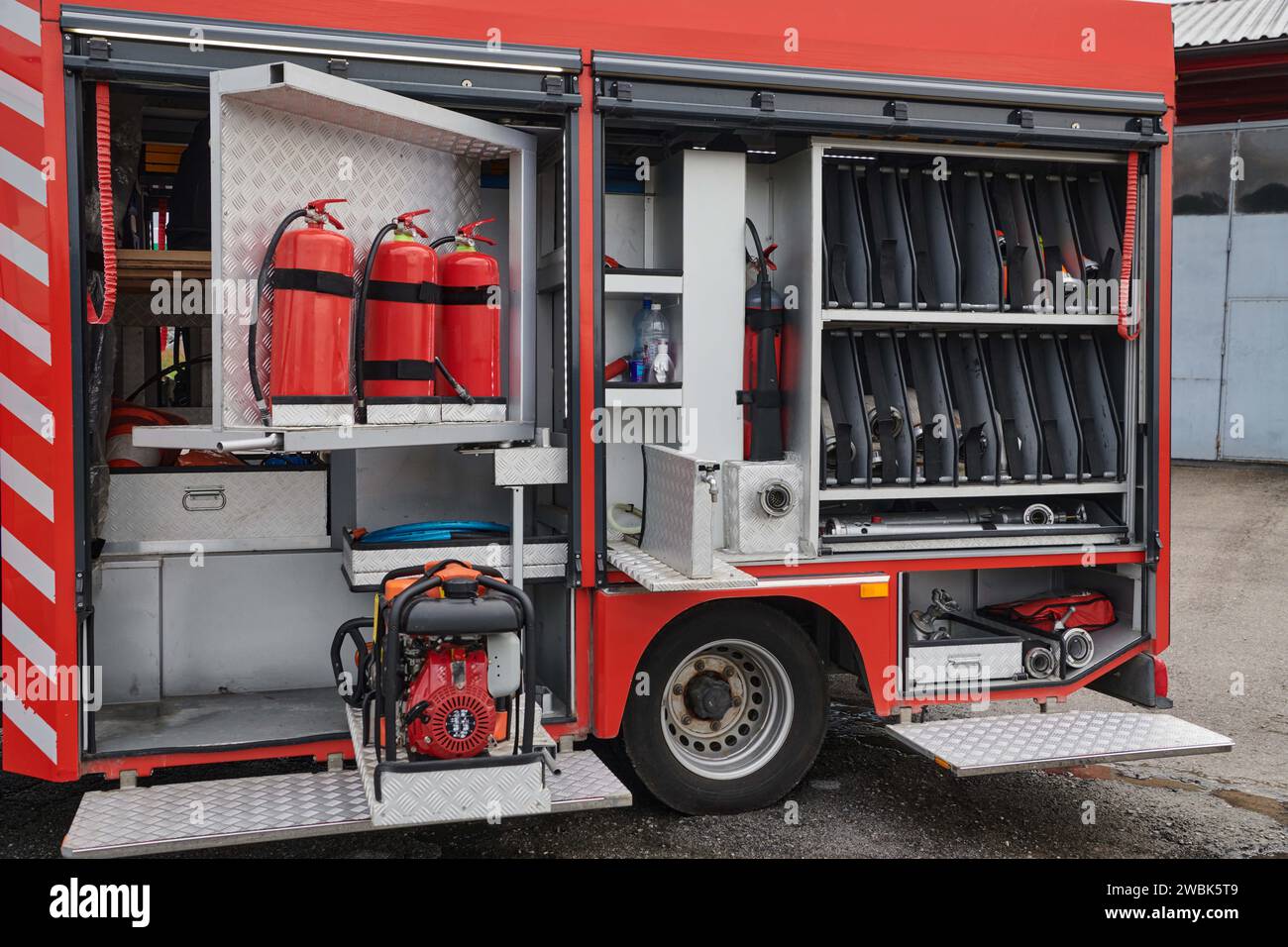 Close-up of essential firefighting equipment on a modern firetruck ...